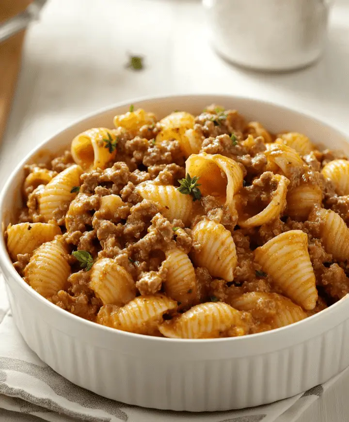 Easy Creamy Beef And Shells Recipe - sandyrecipes.com