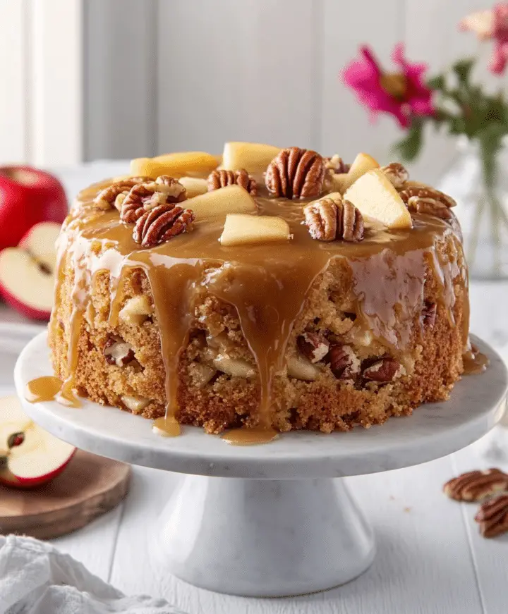 Apple Pecan Cake With Caramel Glaze Recipe - sandyrecipes.com