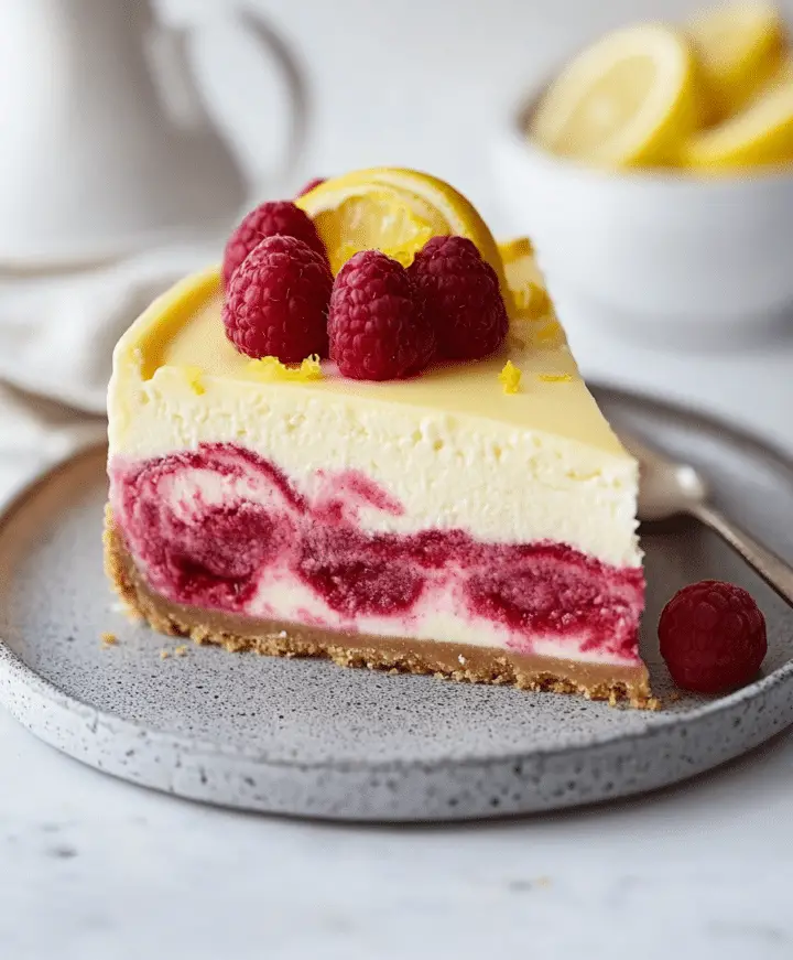 Delicious Lemon Raspberry Swirl Cheesecake Recipe - sandyrecipes.com