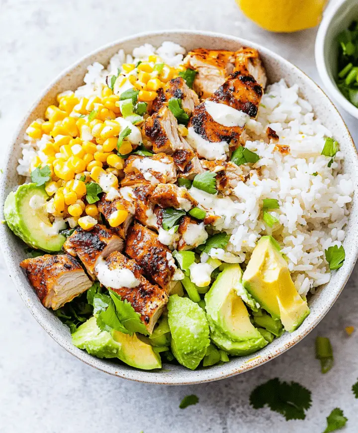 Street Corn Chicken Rice Bowl Recipe - sandyrecipes.com