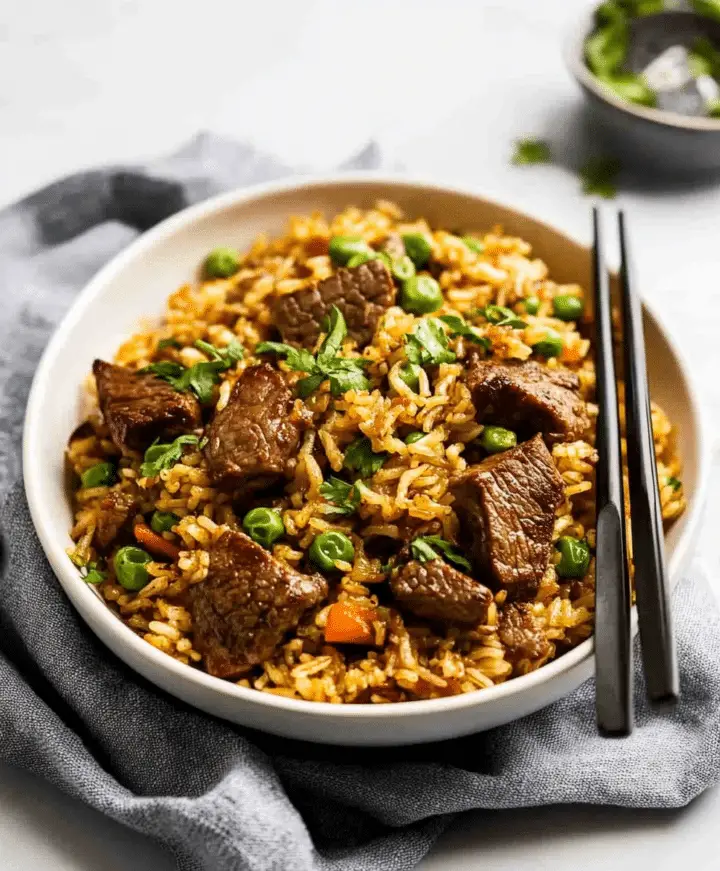 Garlic Butter Steak Fried Rice Recipe - sandyrecipes.com
