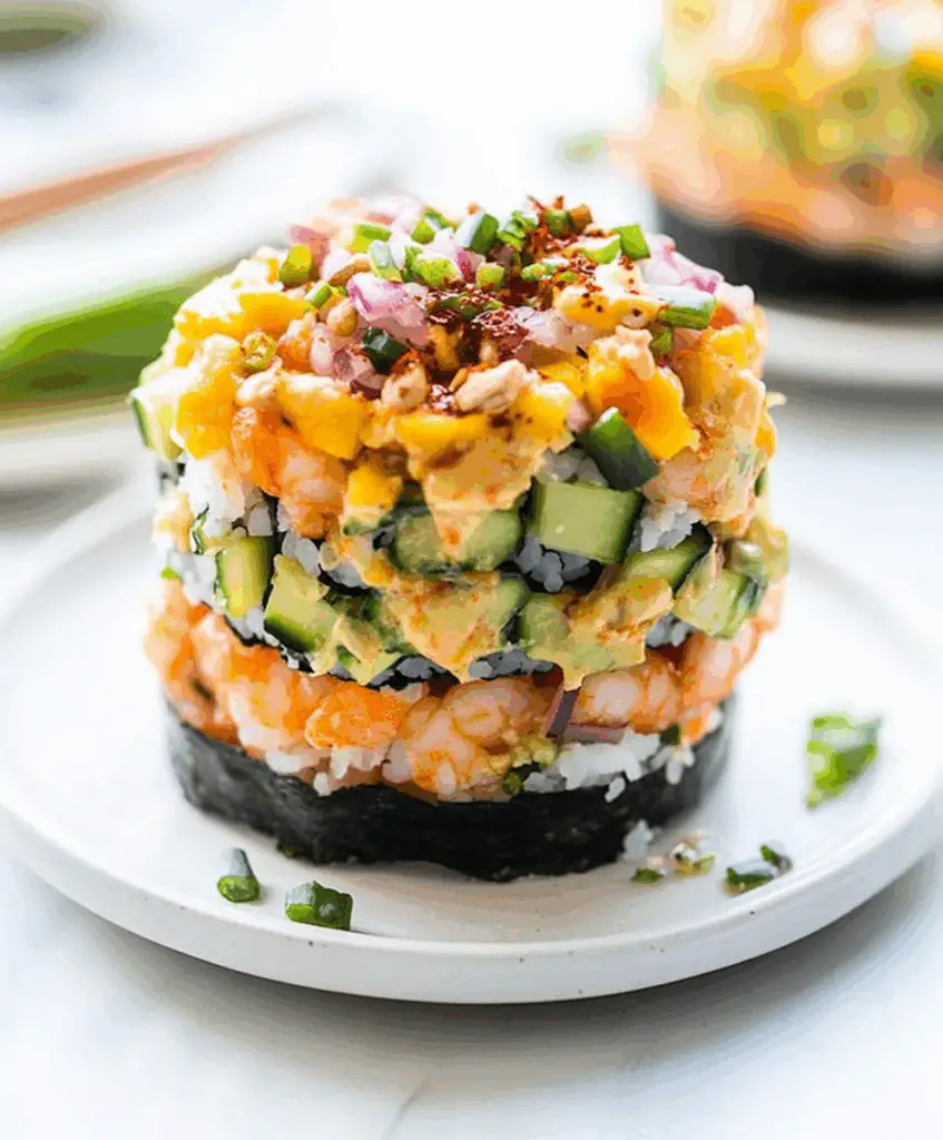 Spicy Shrimp Sushi Stacks Recipe - sandyrecipes.com