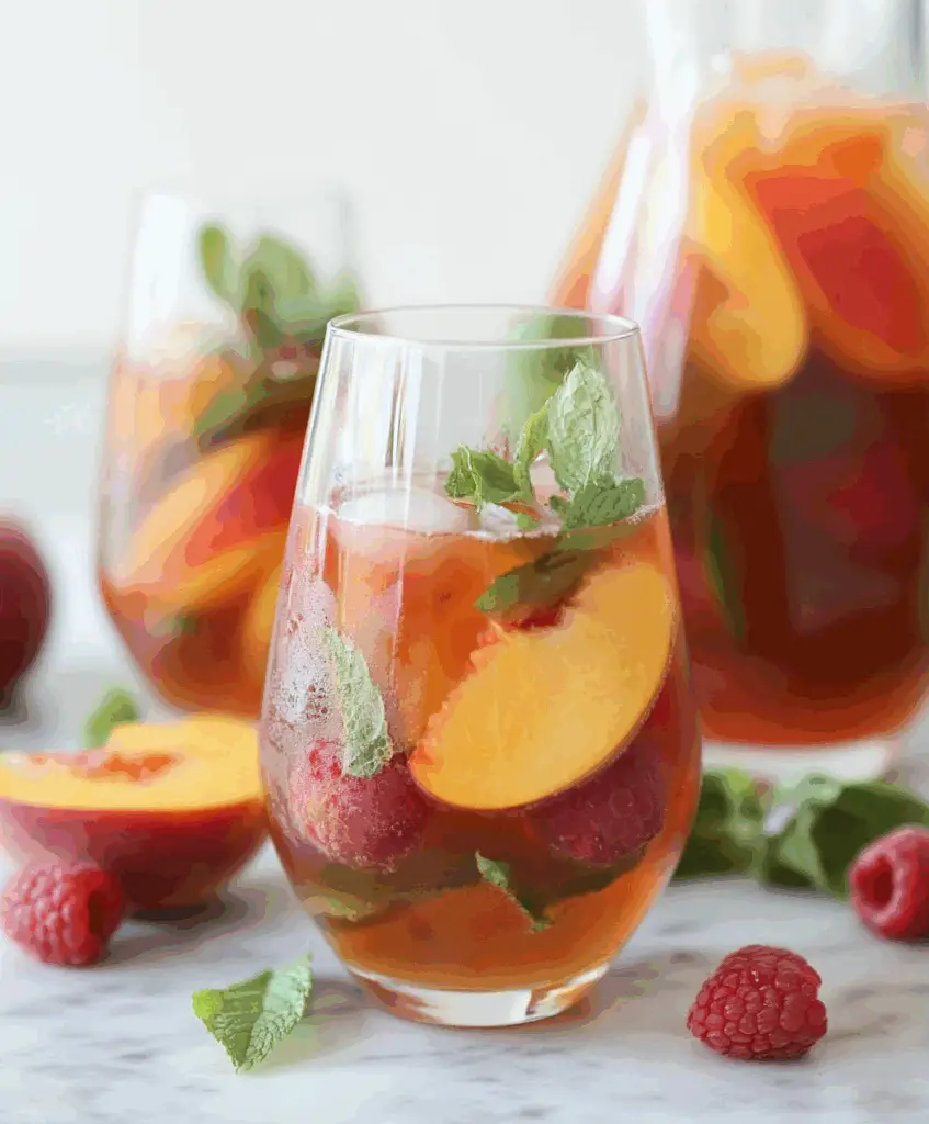 Bellini Peach Raspberry Iced Tea Recipe - sandyrecipes.com